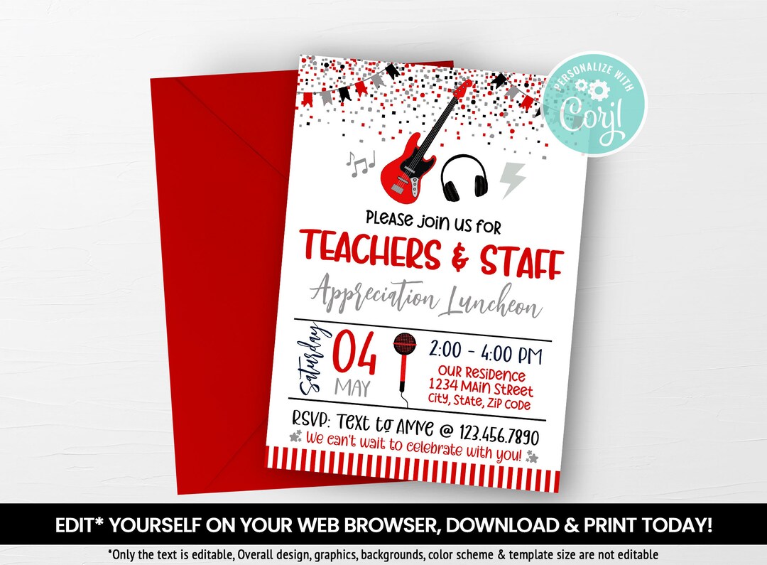 EDITABLE Rock Star Teacher and Staff Appreciation Week Invite ...