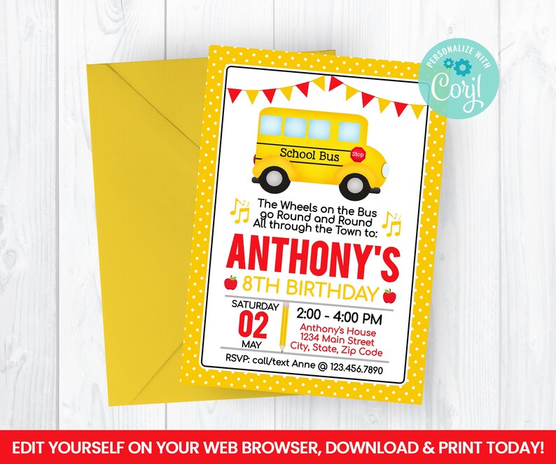 Editable School Bus Invitation Self Editing Invite INSTANT - Etsy