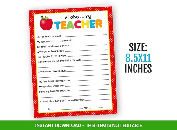 All About My Teacher Printable Teacher Appreciation Week - Etsy