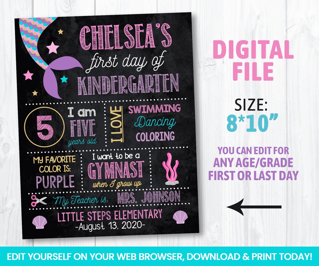 EDITABLE Mermaid Tail 1st Day of School Chalkboard Sign Under - Etsy