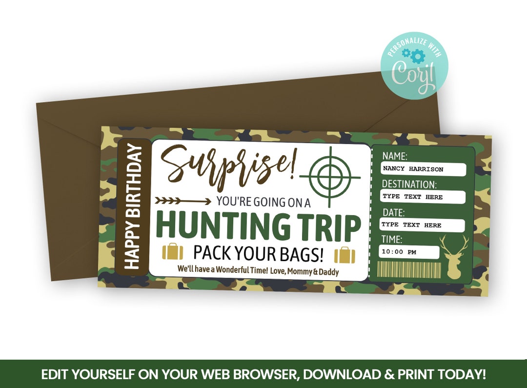 EDITABLE Hunting Trip Surprise Ticket, Happy Birthday Self Editing ...