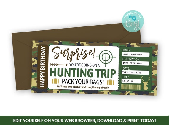 EDITABLE Hunting Trip Surprise Ticket, Happy Birthday Self Editing ...