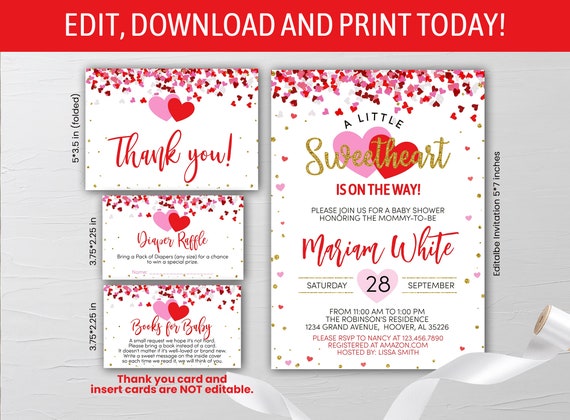 EDITABLE Little Sweetheart Invitation, Insert Cards, Books for Baby ...