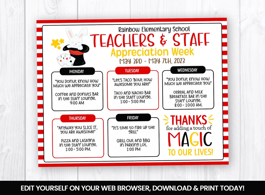EDITABLE Magic Show Teacher & Staff Appreciation Week Itinerary ...