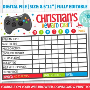 EDITABLE Video Game Reward Chart Gamer Routine Chart Self - Etsy