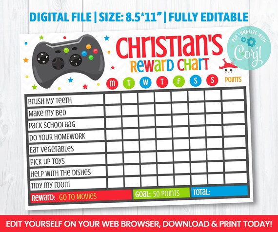 EDITABLE Video Game Reward Chart, Gamer Routine Chart, Self Editing ...