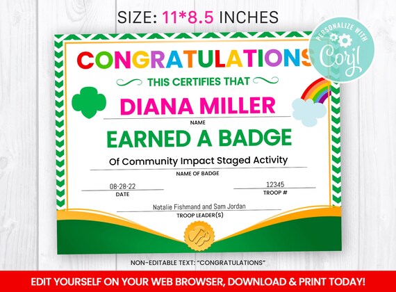 Editable Girl Scout BADGE Certificate, Award Certificate Self Editing 8 ...