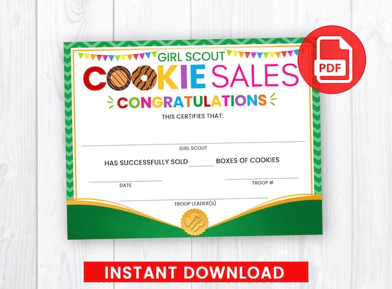 Girl Scout Cookie Sales Certificate, Award Certificate, PDF Instant ...