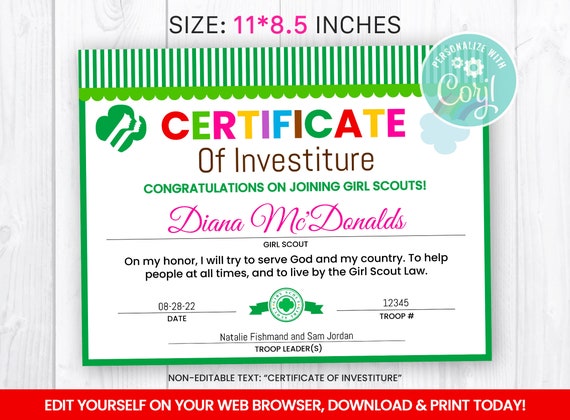 Editable Girl Scout Investiture Certificate, Award Certificate Self ...