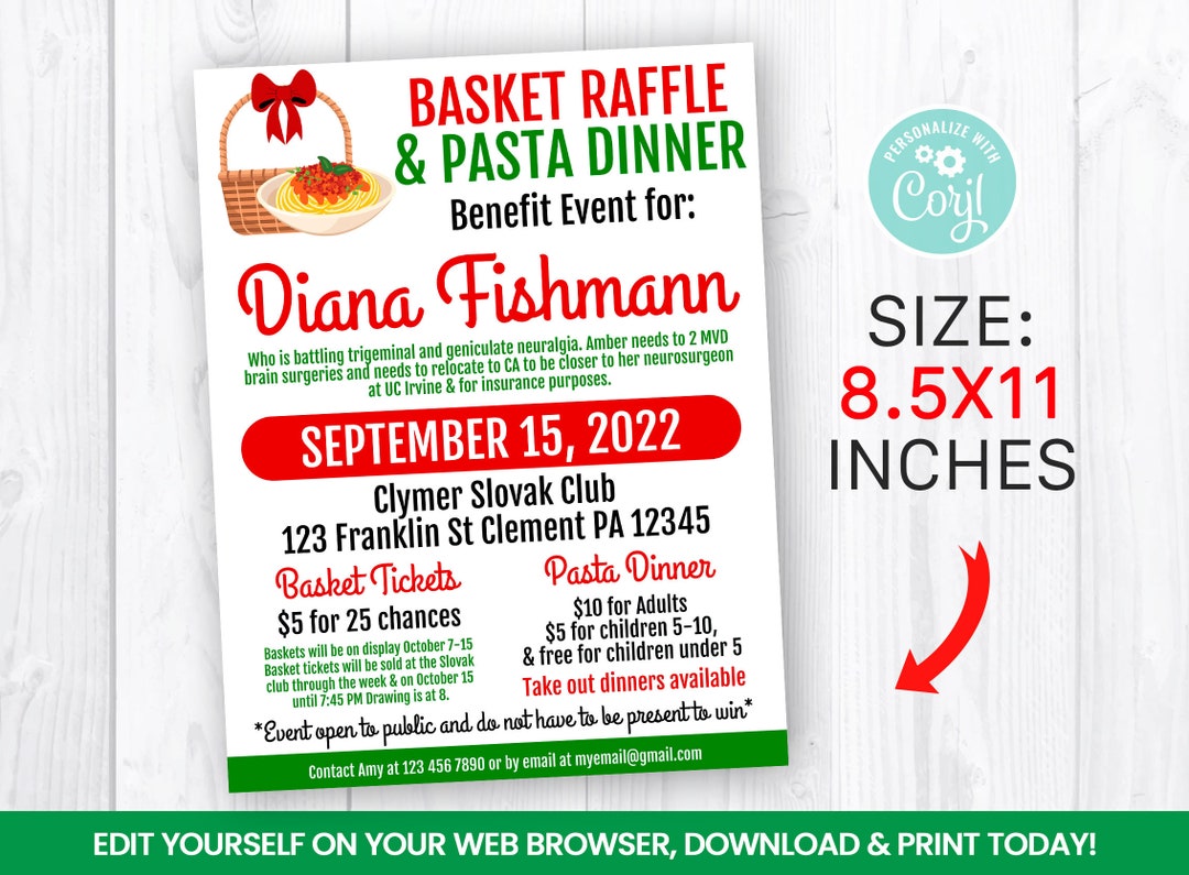 EDITABLE Pasta Dinner & Basket Raffle Fundraiser Flyer Template ...