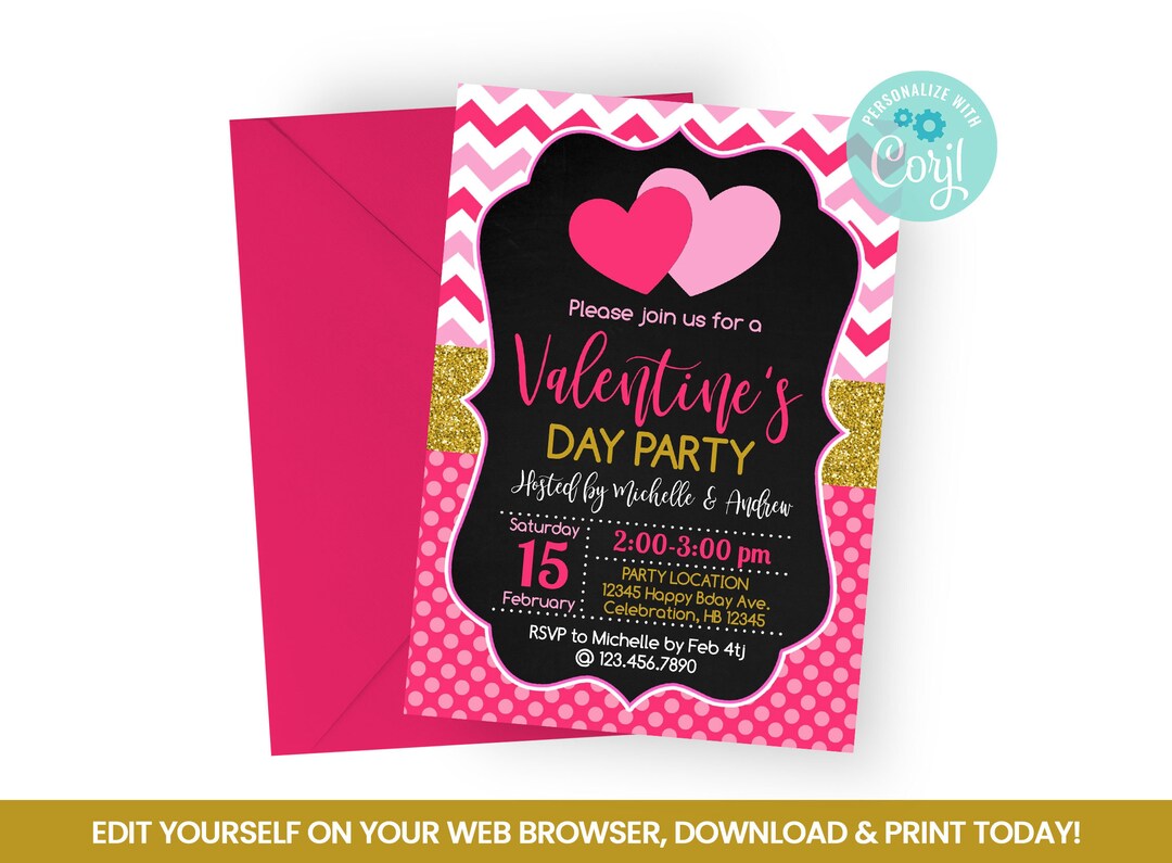 Editable Valentines Day Party Invitation Chalkboard Faux Self Editing