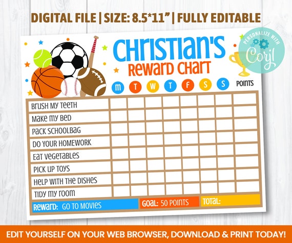 EDITABLE Sports Reward Chart, Sports Routine Chart, Self Editing Kids ...