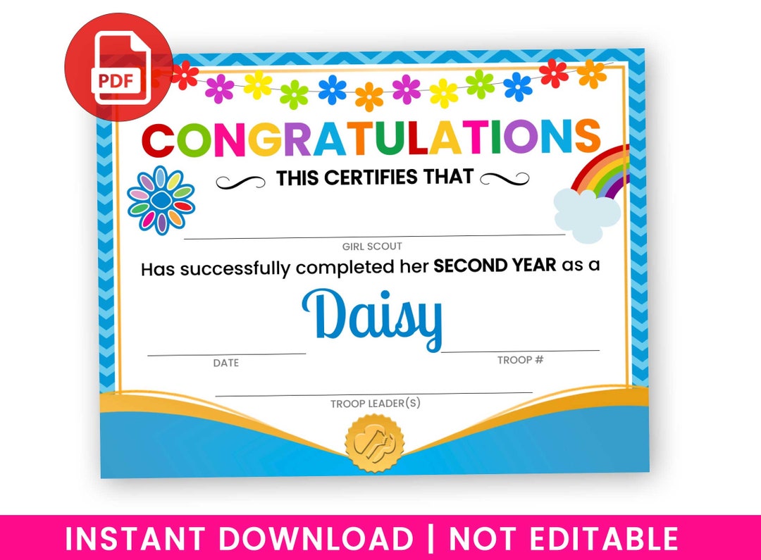 Second Year as a DAISY Completion Certificate, Daisies Investiture ...