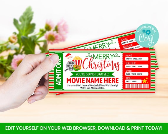 EDITABLE Movie Night Surprise Ticket, Merry Christmas Self Editing ...