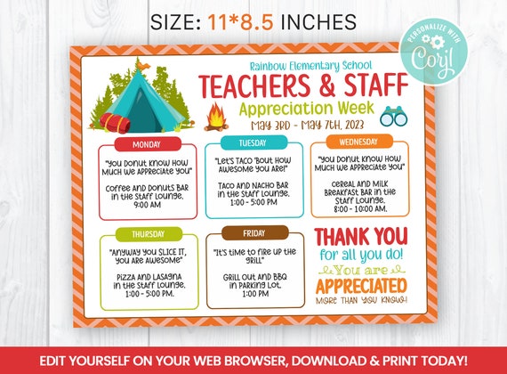 EDITABLE Camp Teacher and Staff Appreciation Week Itinerary, Sleepover ...