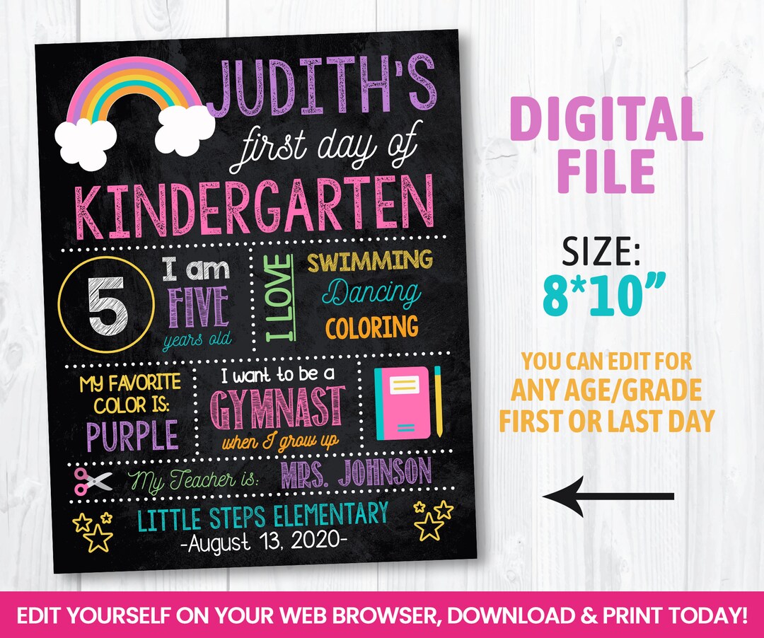 EDITABLE Rainbow 1st Day of School Chalkboard Sign, Any Grade Self ...