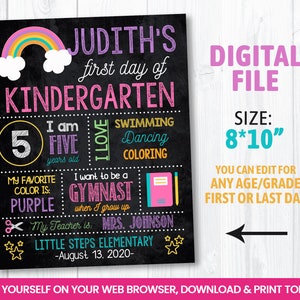 EDITABLE Rainbow 1st Day of School Chalkboard Sign, Any Grade Self ...