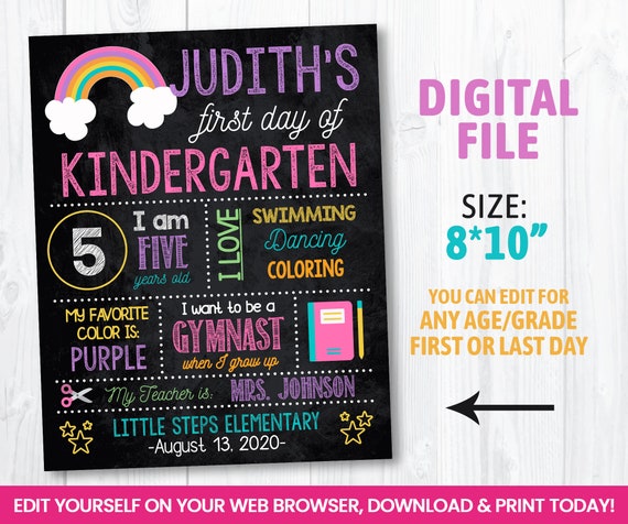 EDITABLE Rainbow 1st Day of School Chalkboard Sign Any Grade | Etsy