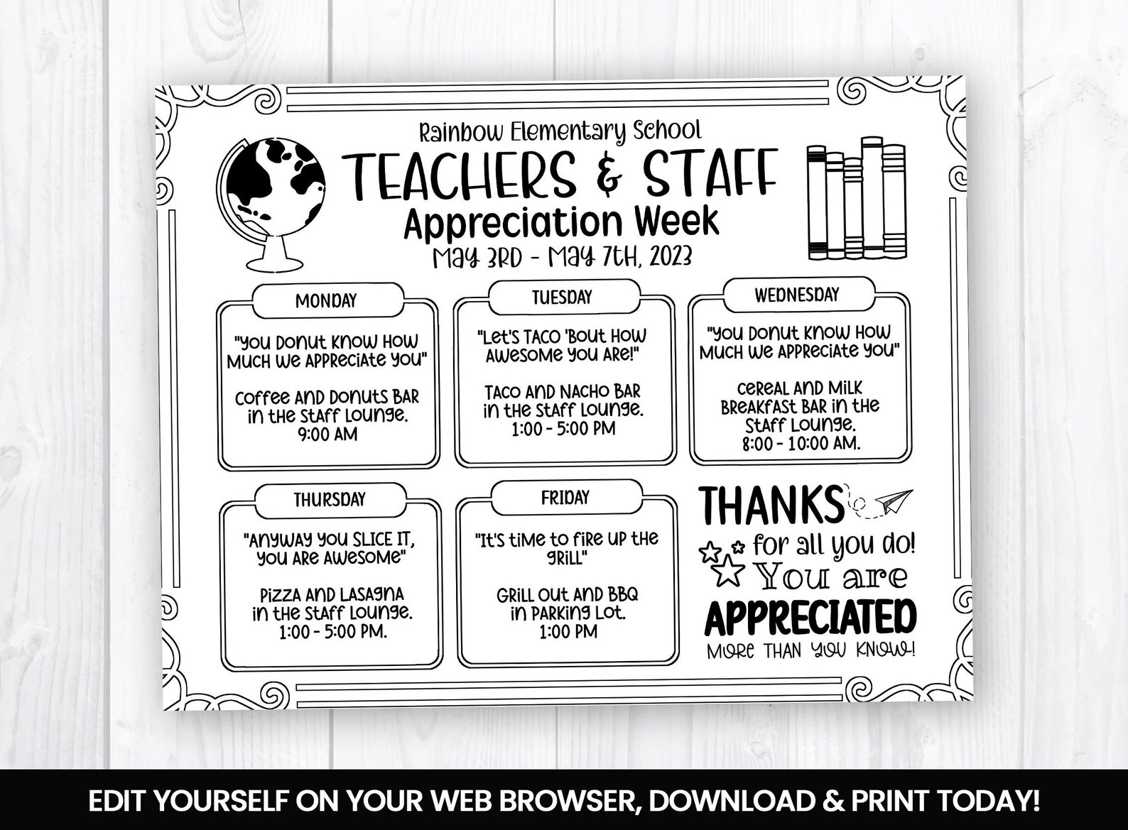 EDITABLE Teacher & Staff Appreciation Week Itinerary Doodle - Etsy