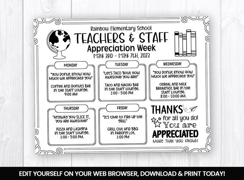 EDITABLE Teacher & Staff Appreciation Week Itinerary Doodle - Etsy