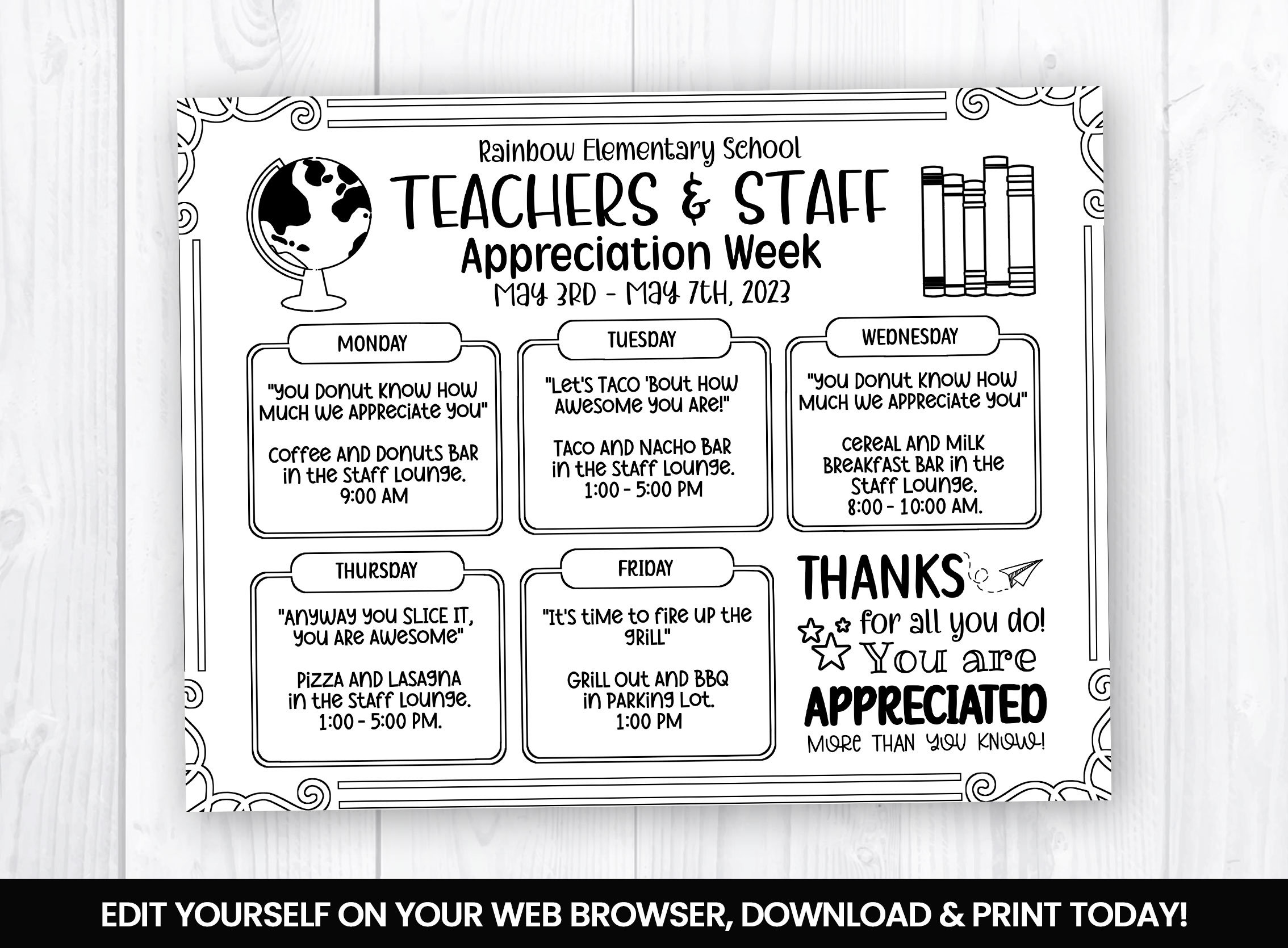 EDITABLE Teacher & Staff Appreciation Week Itinerary Doodle - Etsy