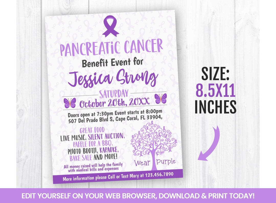 Editable Pancreatic Cancer Fundraiser Event Flyer Purple Ribbon