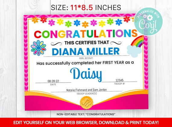 Editable First Year of DAISIES Completion Certificate, Daisy ...