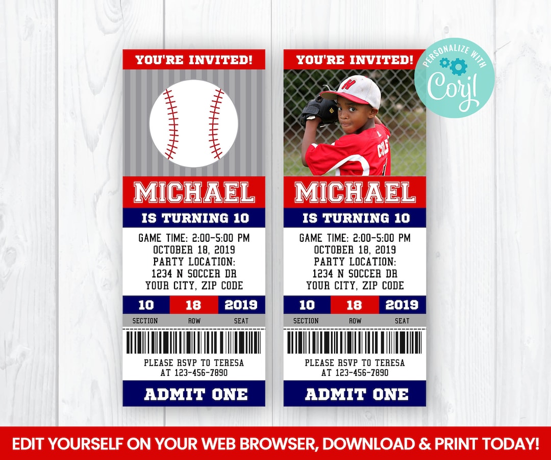 Editable Baseball Ticket Invitation, Sports Self Editing Invite ...