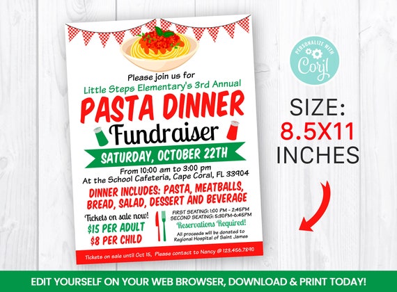 EDITABLE Pasta Dinner Fundraiser Flyer Template, Charity Non Profit ...
