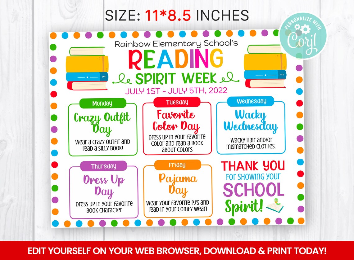 EDITABLE Reading Spirit Week Flyer Literacy Itinerary Self - Etsy
