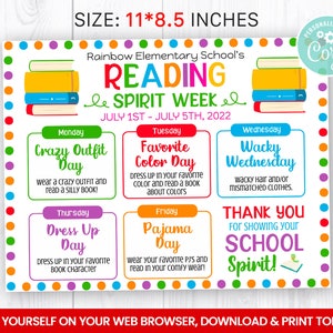 EDITABLE Reading Spirit Week Flyer, Literacy Itinerary Self Editing ...