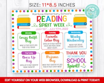 EDITABLE Reading Spirit Week Flyer, Literacy Itinerary Self Editing ...