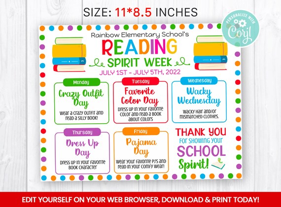 EDITABLE Reading Spirit Week Flyer, Literacy Itinerary Self Editing ...