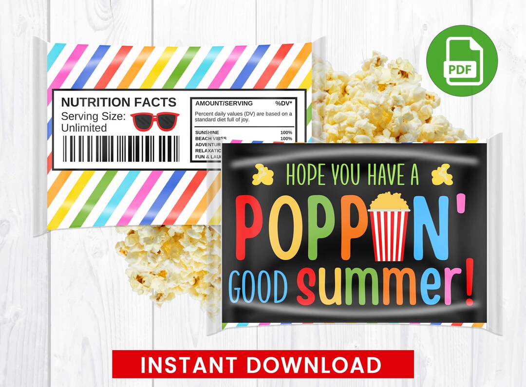 Summer Printable Microwave Popcorn Wrapper, End of Year PDF Instant ...