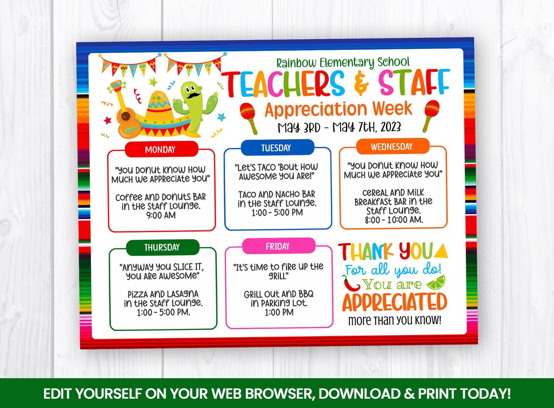 EDITABLE Teacher & Staff Appreciation Week Flyer, Itinerary Week Self ...