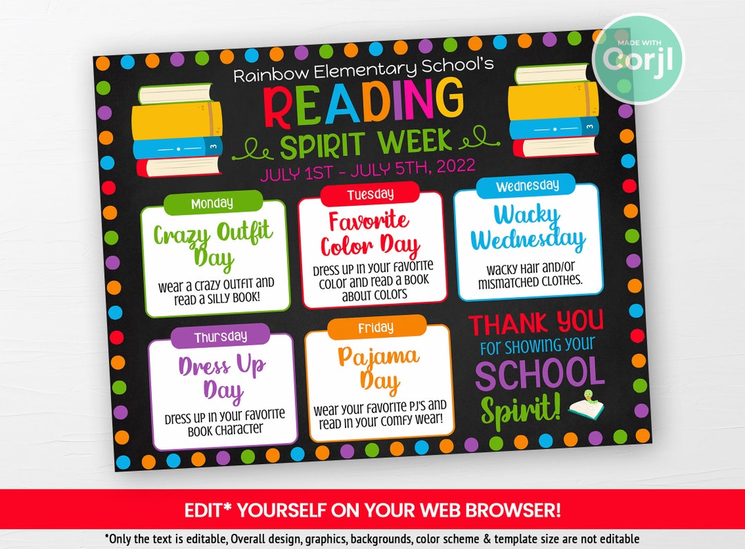 EDITABLE Reading Spirit Week Flyer, Literacy Itinerary Self Editing ...