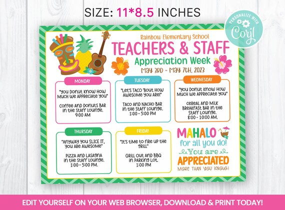 EDITABLE Hawaiian Teacher and Staff Appreciation Week Itinerary ...