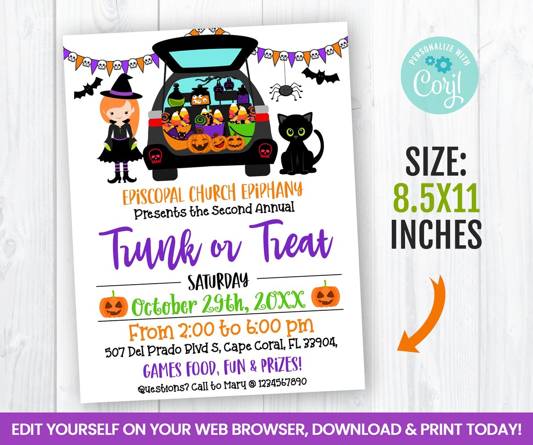 EDITABLE Halloween Trunk or Treat Flyer Template, 8.5x11 Inches, Witch ...