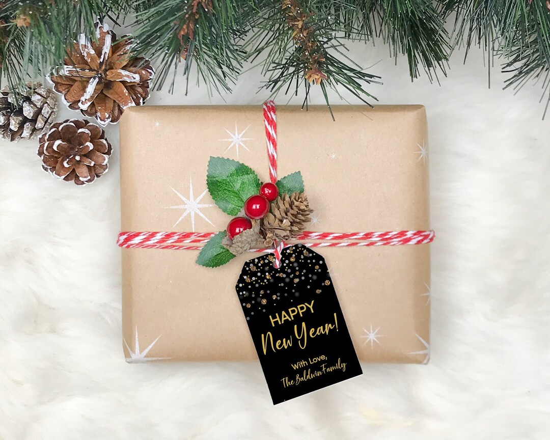 Editable Happy New Year Gift Tags, Black and Glitter Gold Dots, Self ...