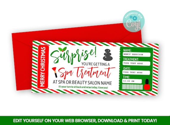EDITABLE Spa Day Surprise Ticket, Merry Christmas Self Editing Voucher ...