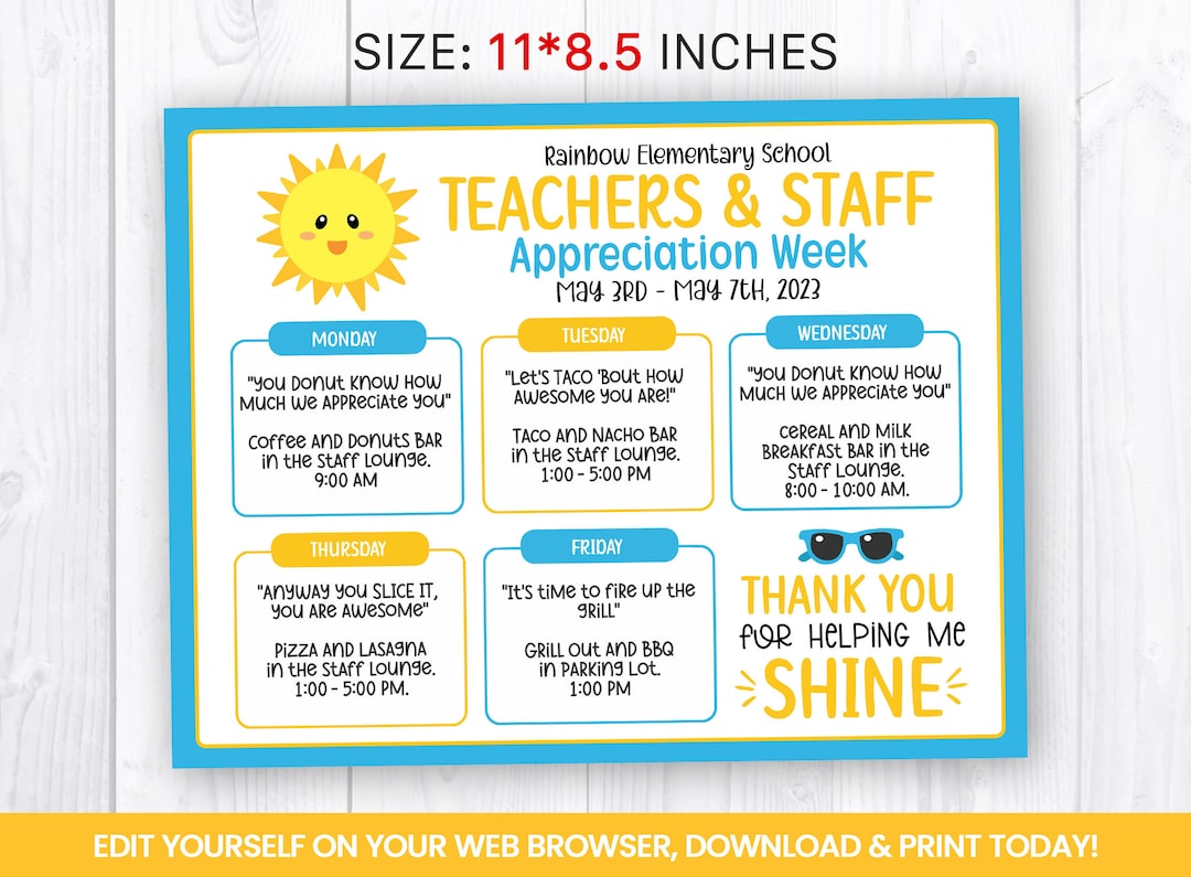 EDITABLE Sun Teacher & Staff Appreciation Flyer, Sunglasses Itinerary ...