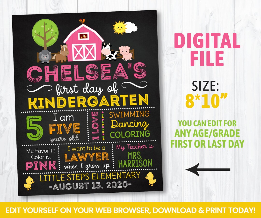 EDITABLE Farm Animals 1st Day of School Chalkboard Sign, Barnyard Self ...