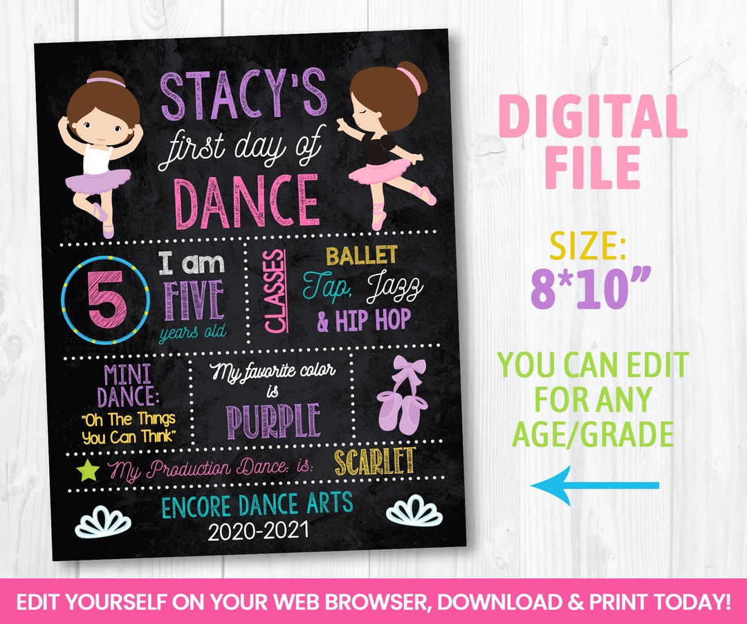 EDITABLE Dance 1st Day of School Chalkboard Sign, Tutu Ballet ...