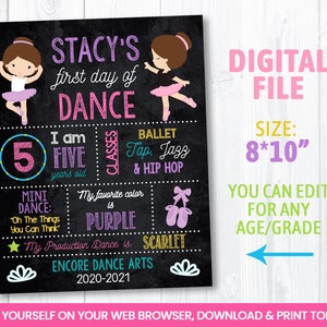 EDITABLE Dance 1st Day of School Chalkboard Sign, Tutu Ballet ...