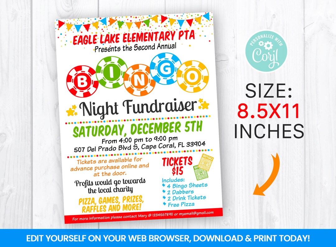 EDITABLE Bingo Night Fundraiser Flyer Template, Charity Non Profit ...
