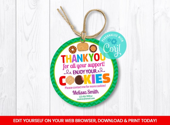EDITABLE Scout Cookie Thank You Round Label, Cupcake Topper Self ...