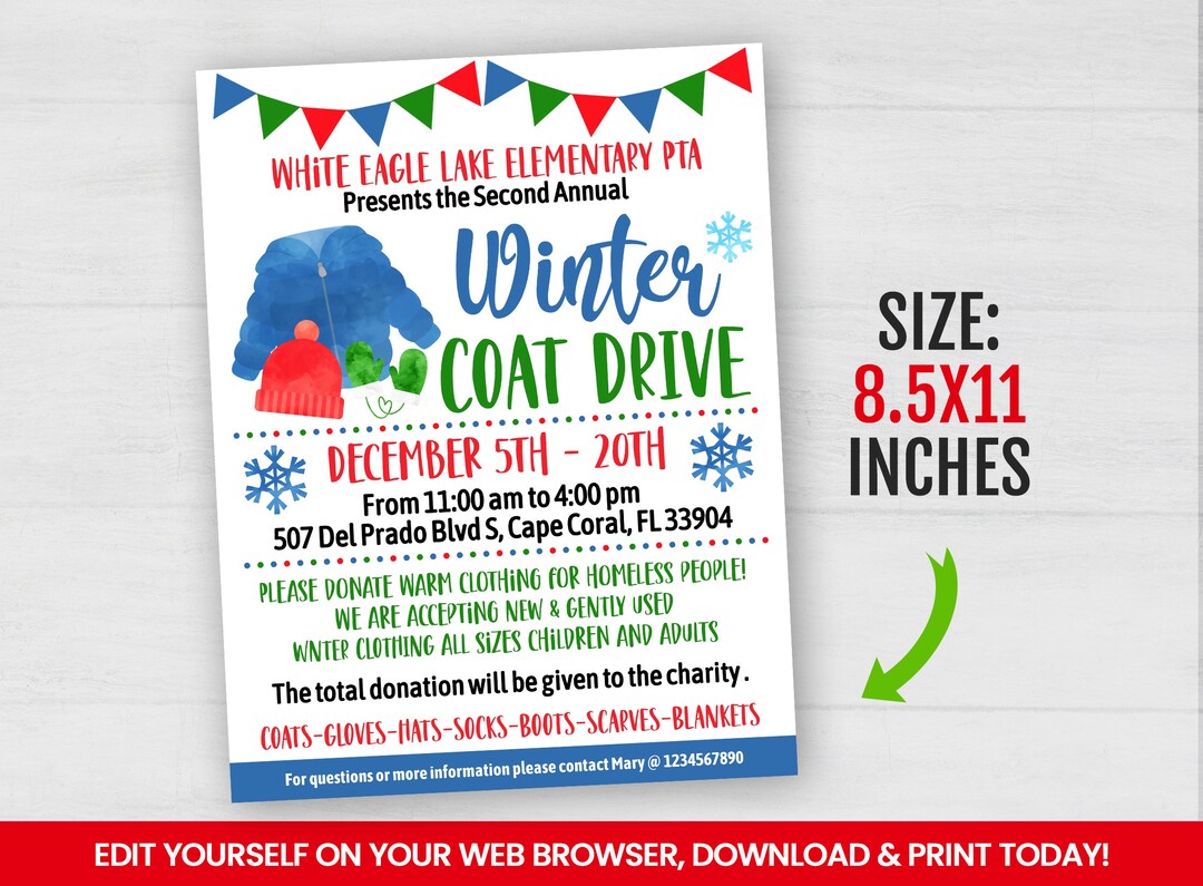 EDITABLE Winter Coat Drive Flyer Template, Fundraiser School Poster ...