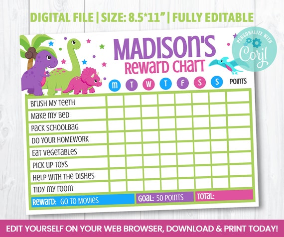 EDITABLE Dinosaur Reward Chart, Girl Dinosaurs Routine Chart, Self ...