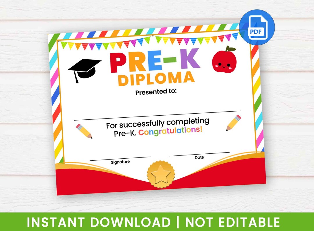 Printable Pre-k Graduation Diploma, End of School Certificate, PDF ...