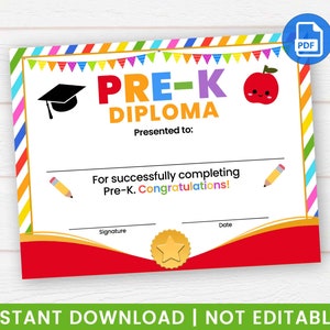Printable Pre-k Graduation Diploma, End of School Certificate, PDF ...